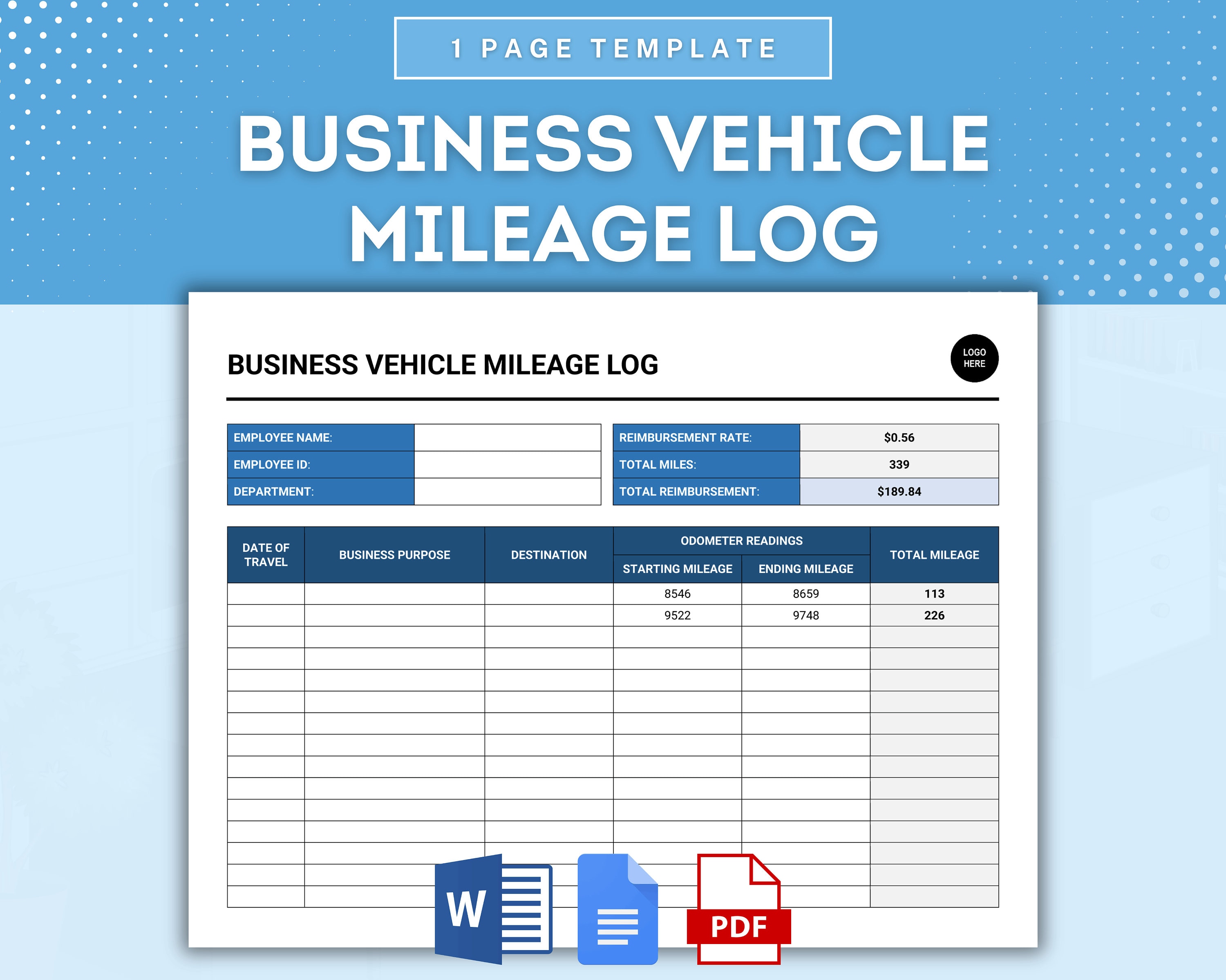 Business Vehicle Mileage Log Template, Business Car Usage Log, Work ...