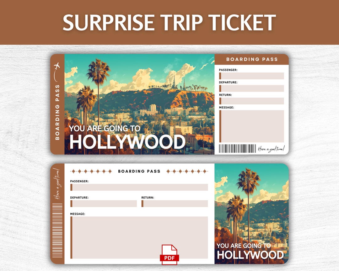 Printable Hollywood Surprise Gift Ticket, Editable California Vacation ...