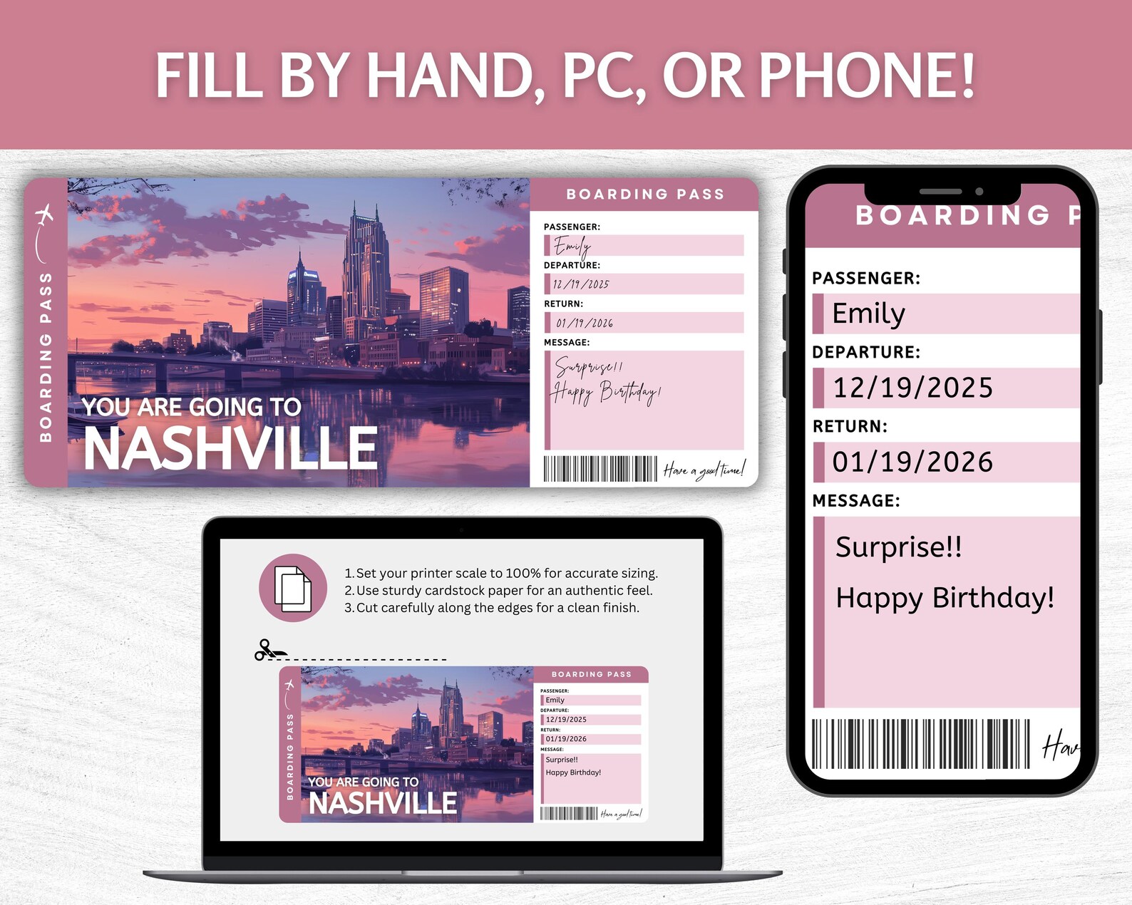 Printable Nashville Surprise Gift Ticket, Editable Nashville TN ...