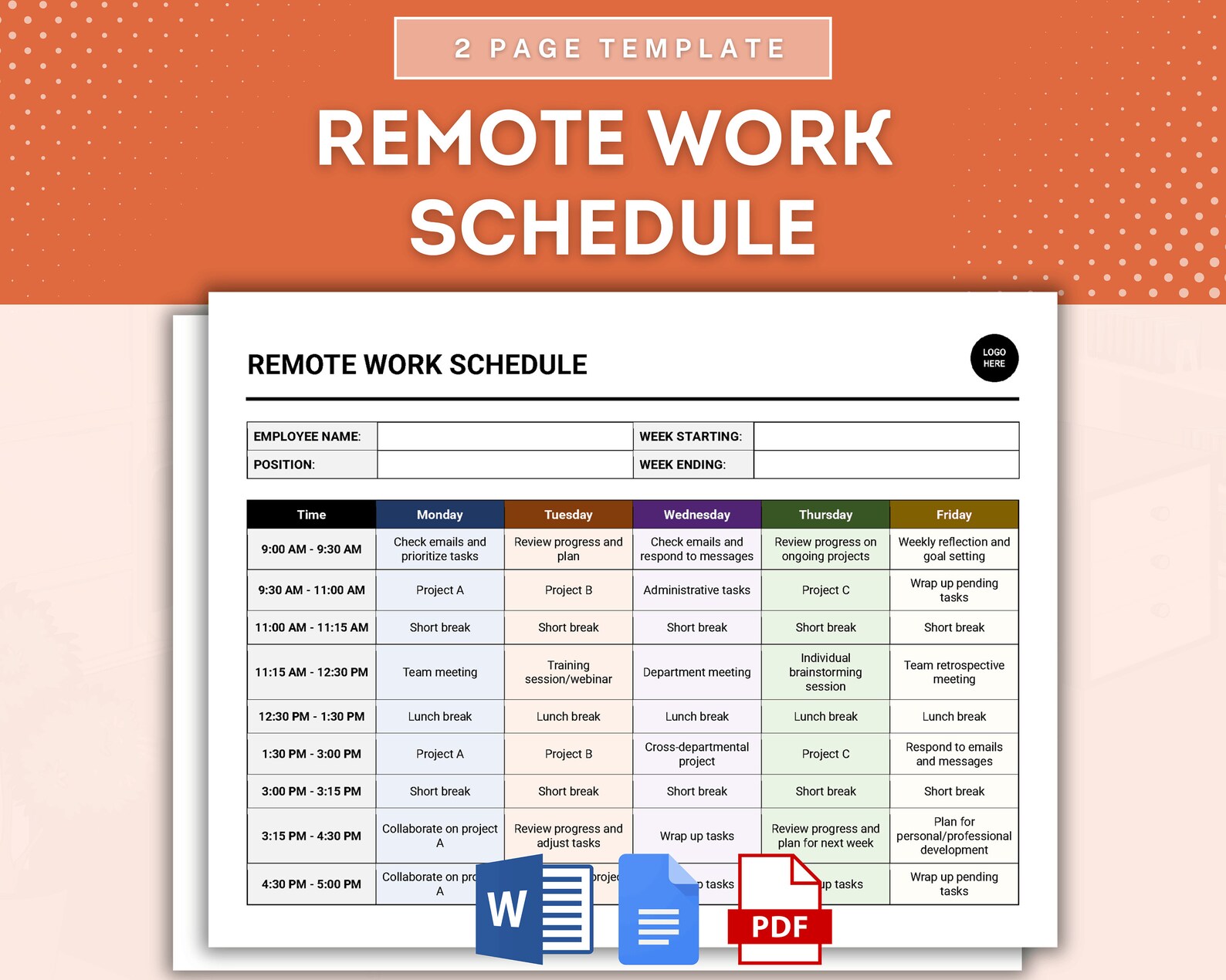 Remote Work Schedule Template, Virtual Work Timetable, Telecommuting ...