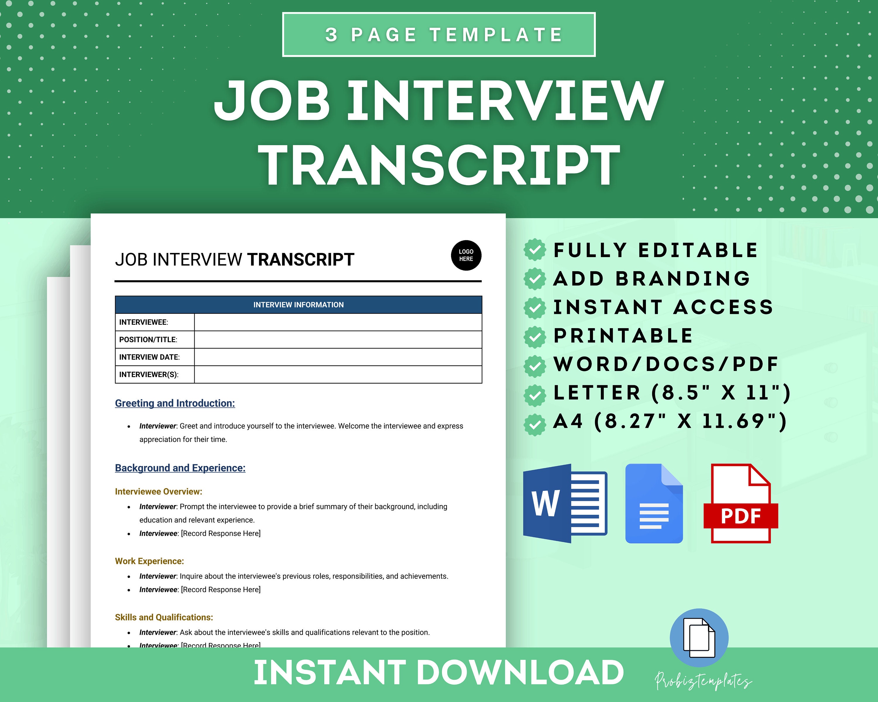 Job Interview Transcript Template, Candidate Interview Dialogue ...