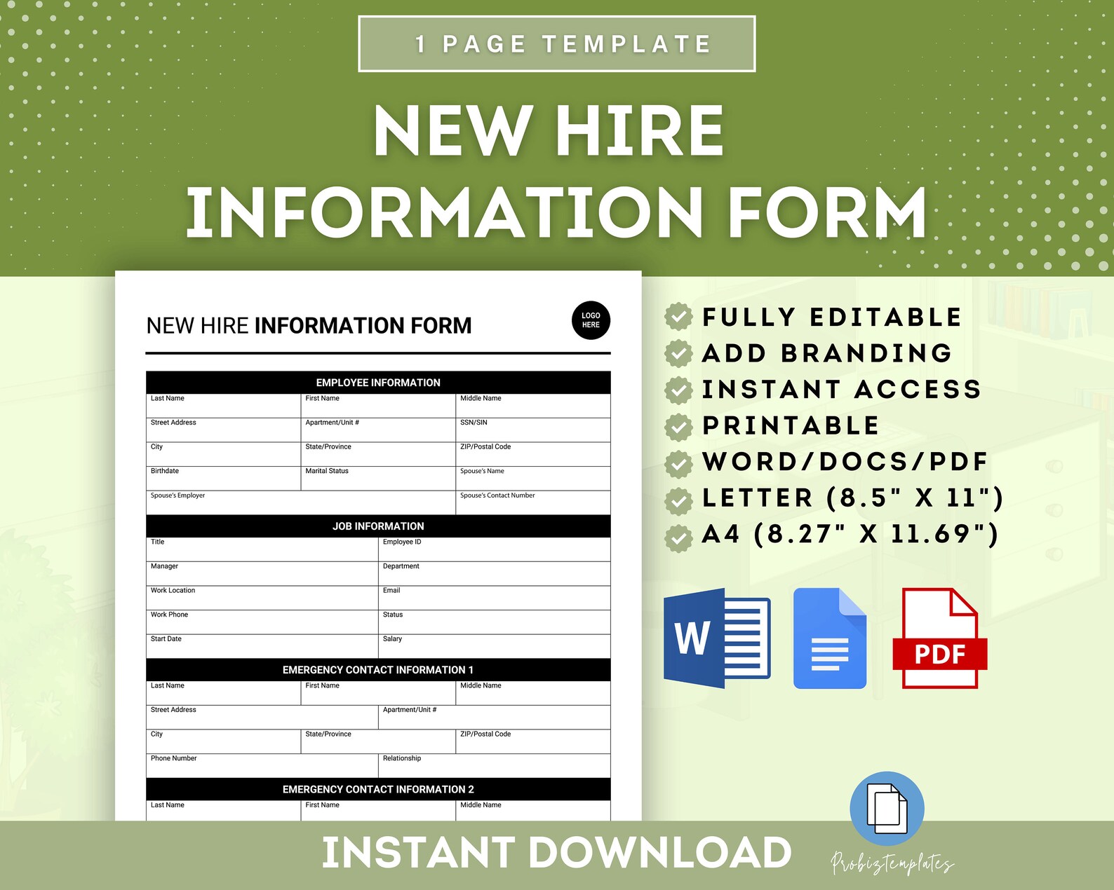New Hire Information Form, New Hire Paperwork, New Employee Form, HR ...