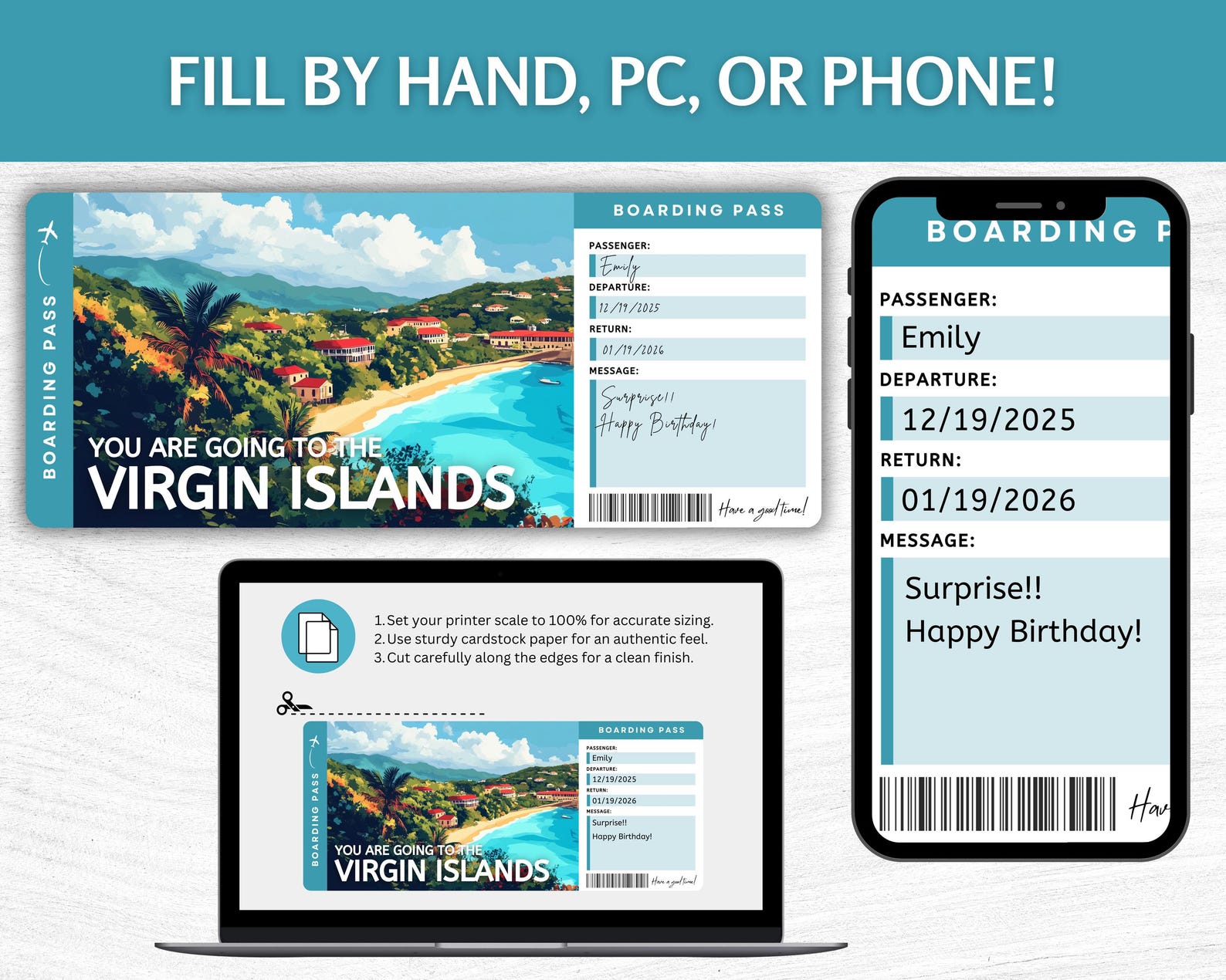Printable Virgin Islands Surprise Gift Ticket, Editable Island Vacation ...