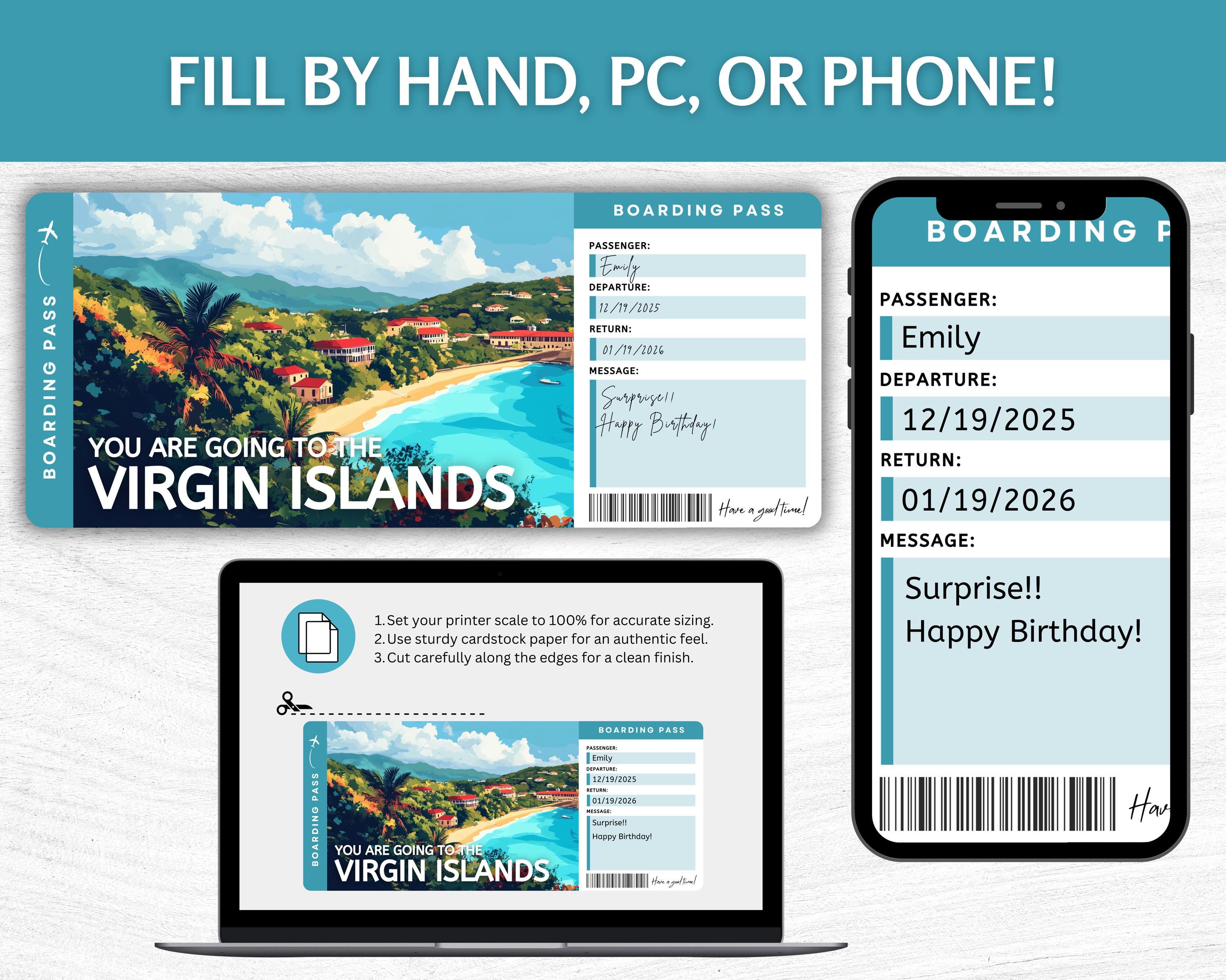 Printable Virgin Islands Surprise Gift Ticket, Editable Island Vacation ...