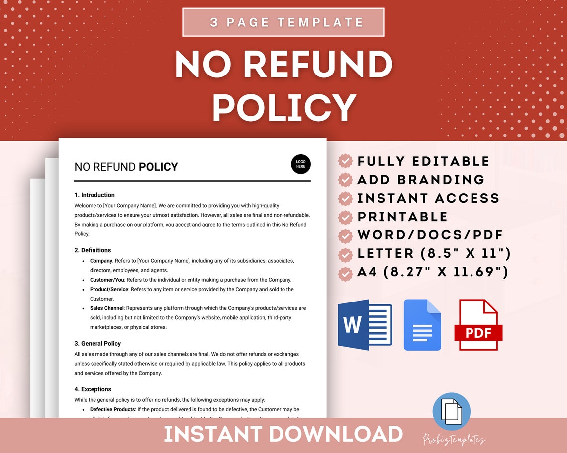 No Refund Policy Template, Refund Policy Guidelines, No Refund Notice ...