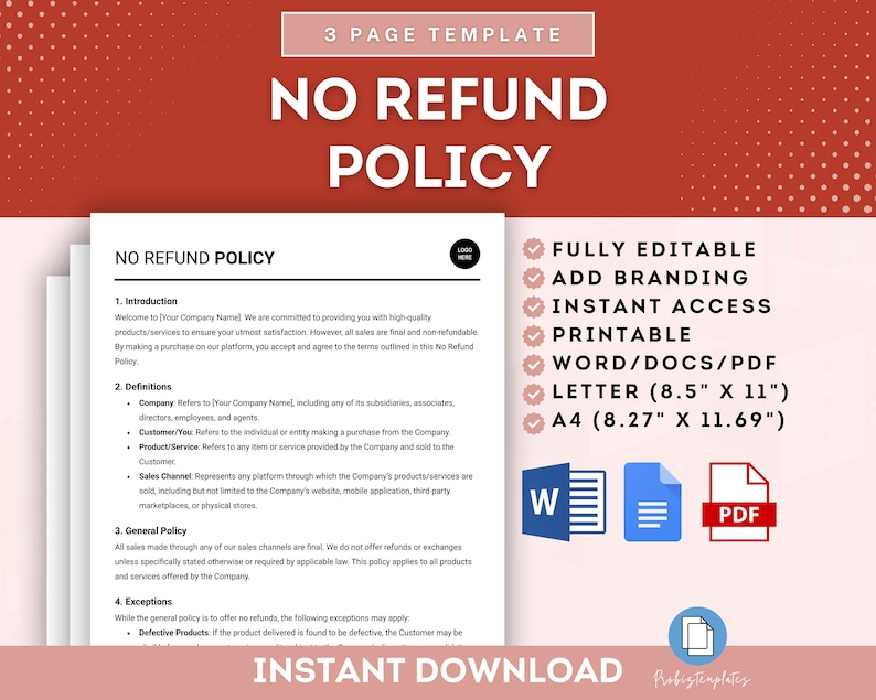 No Refund Policy Template, Refund Policy Guidelines, No Refund Notice ...