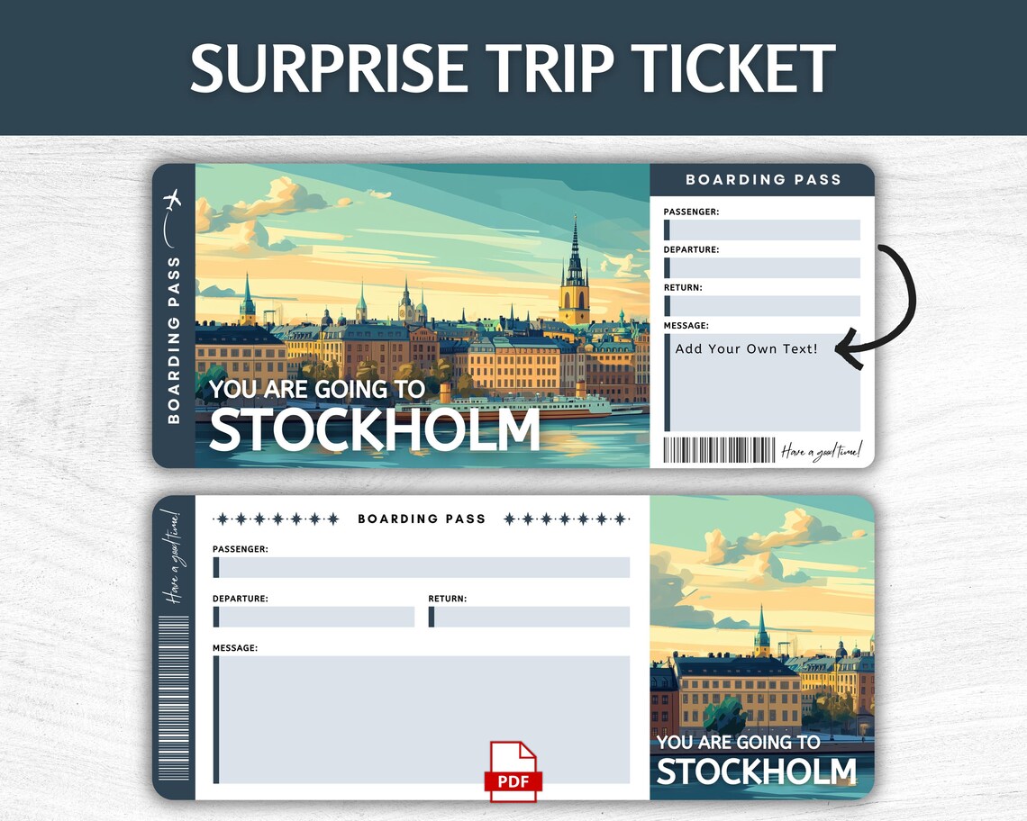 Printable Stockholm Surprise Gift Ticket, Editable Sweden Vacation ...