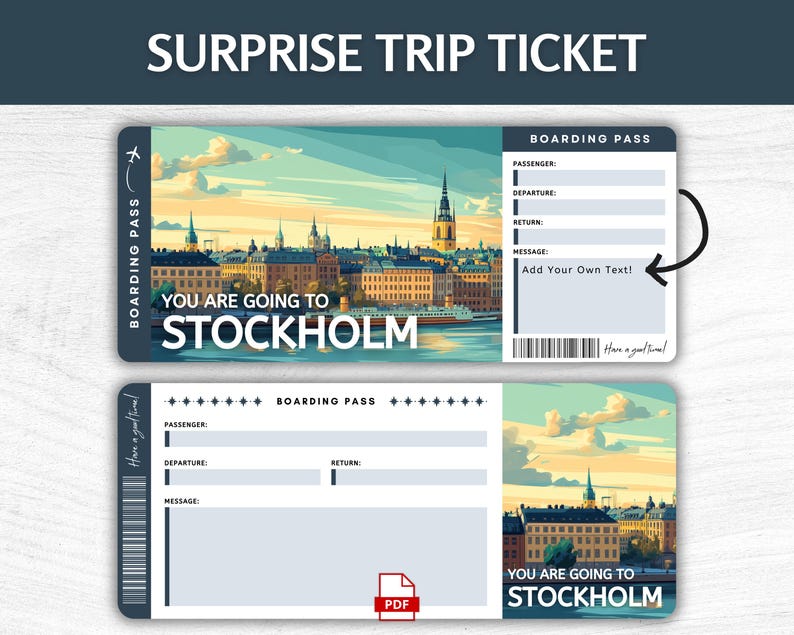 Printable Stockholm Surprise Gift Ticket, Editable Sweden Vacation ...