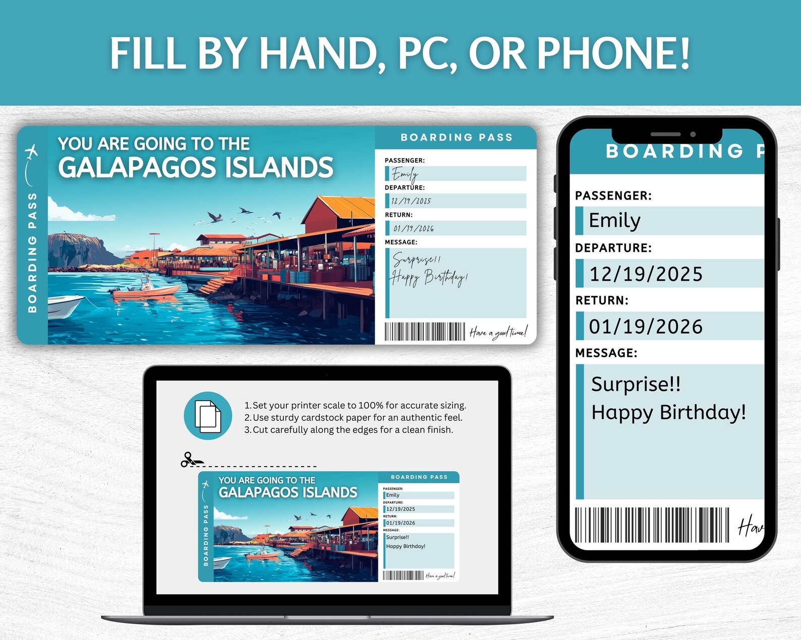 Printable Galapagos Surprise Gift Ticket, Editable Ecuador Vacation ...