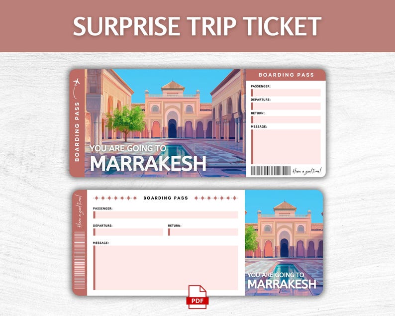 Printable Marrakesh Surprise Gift Ticket, Editable Morocco Boarding Pass, Printable Marrakesh ...