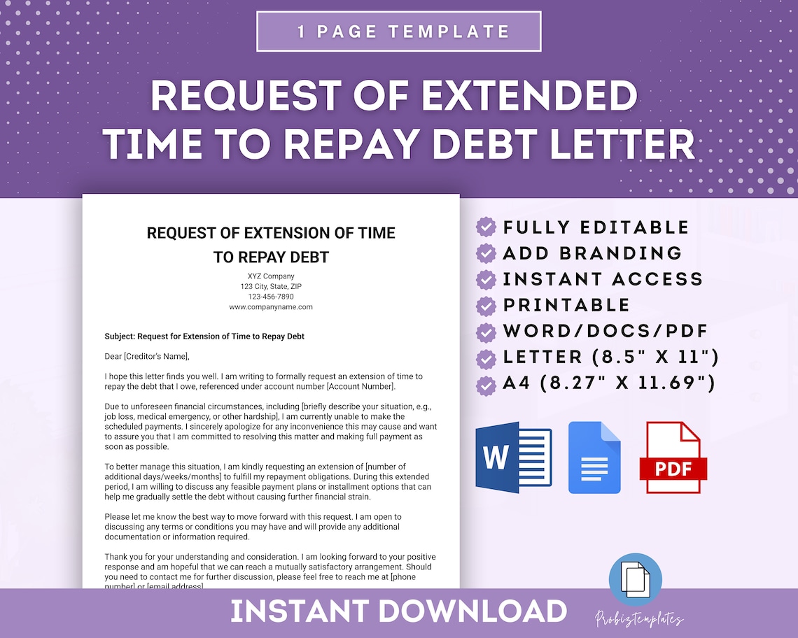 Request of Extension of Time to Repay Debt Letter, Debt Repayment ...