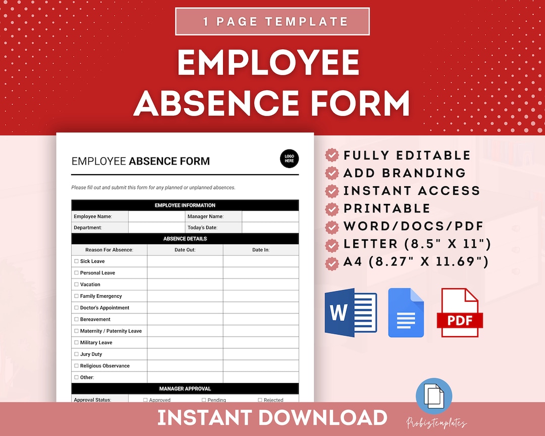Employee Absence Form Template, Attendance Record Form, Leave Request ...