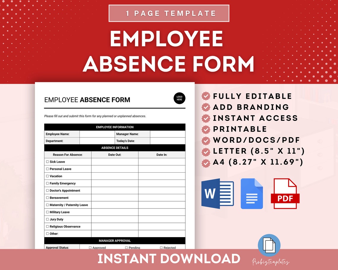Employee Absence Form Template, Attendance Record Form, Leave Request ...