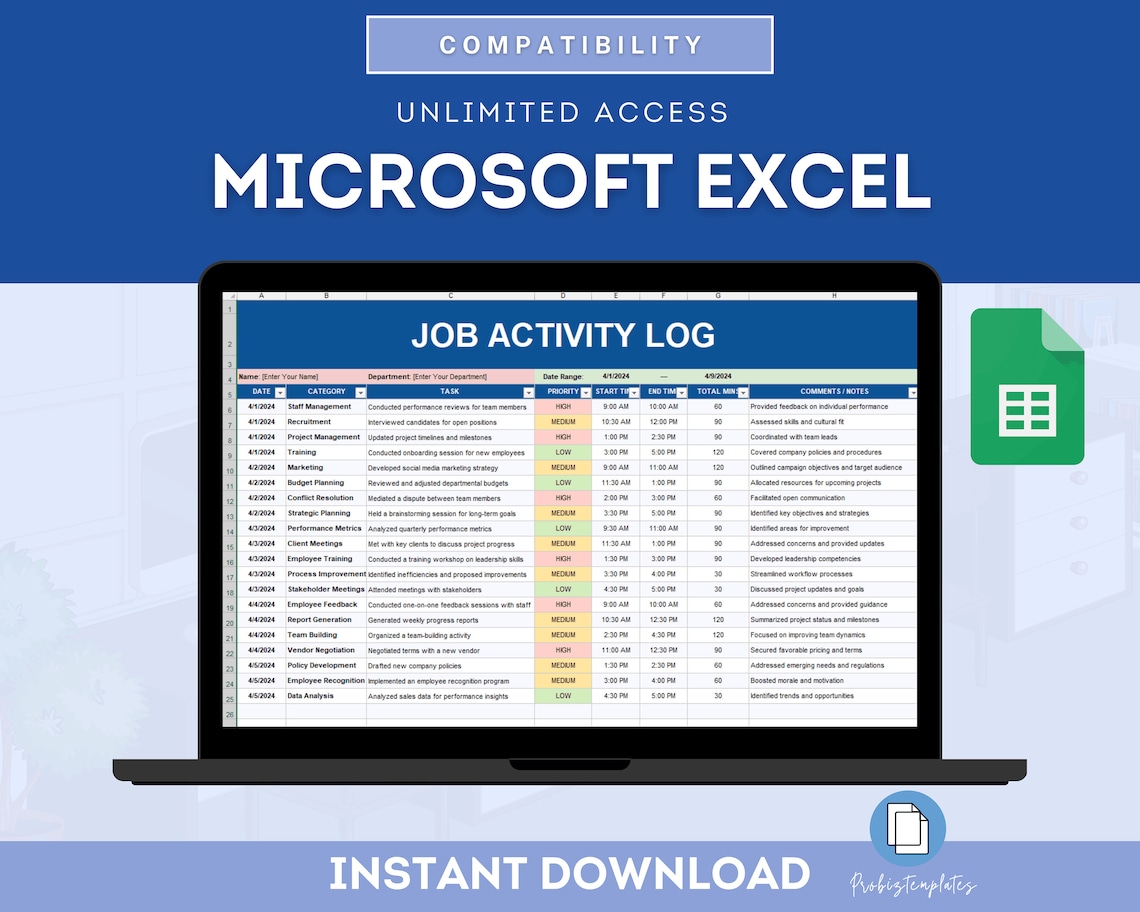 Job Activity Log Template, Work Task Tracker, Daily Work Journal ...