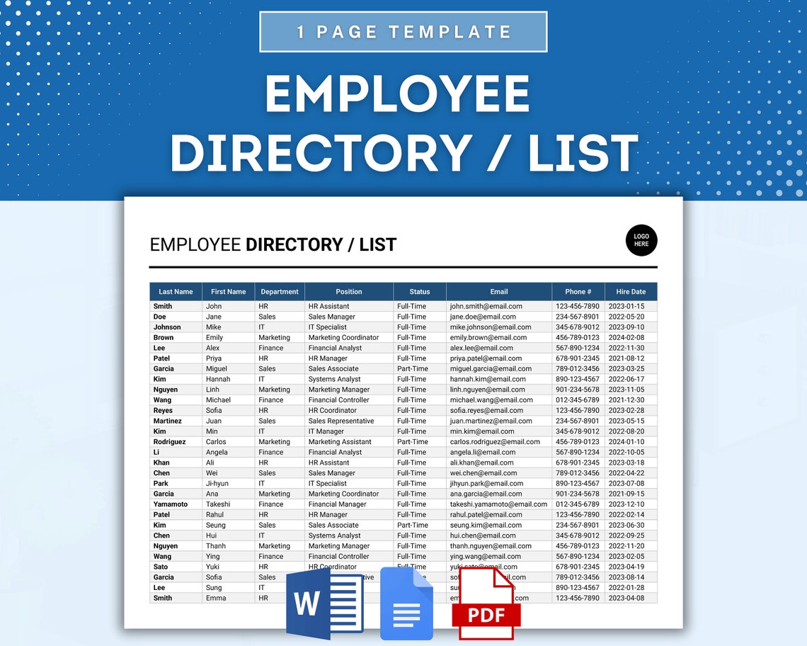 Employee List Template, Employee Directory, Staff Roster Template ...