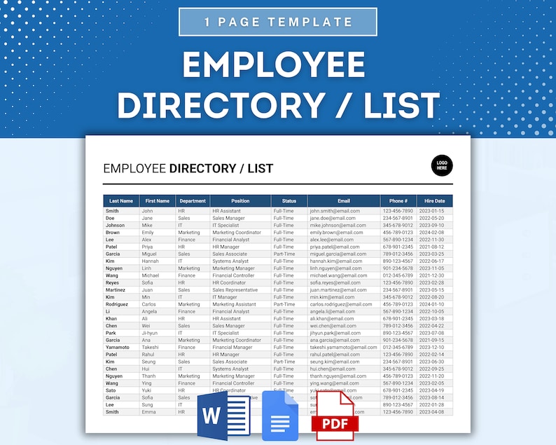 Employee List Template, Employee Directory, Staff Roster Template ...