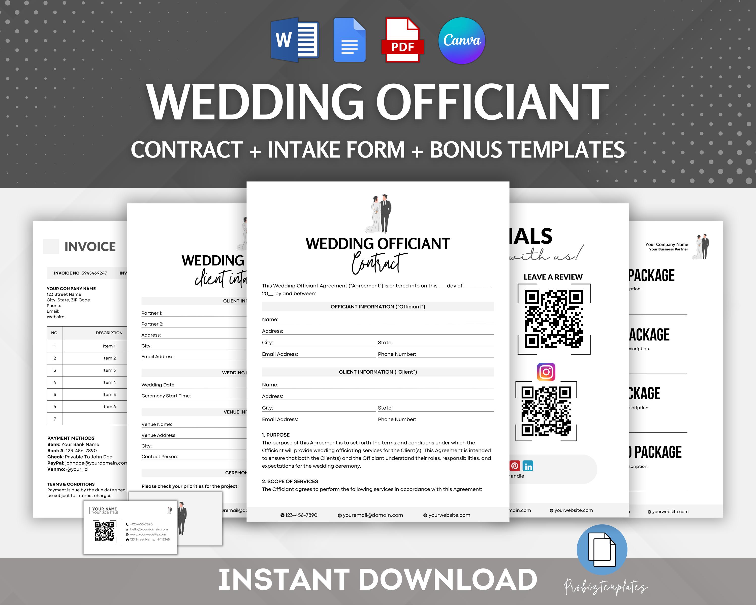 Wedding Officiant Contract Bundle, Ceremony Pact Template, Religious ...