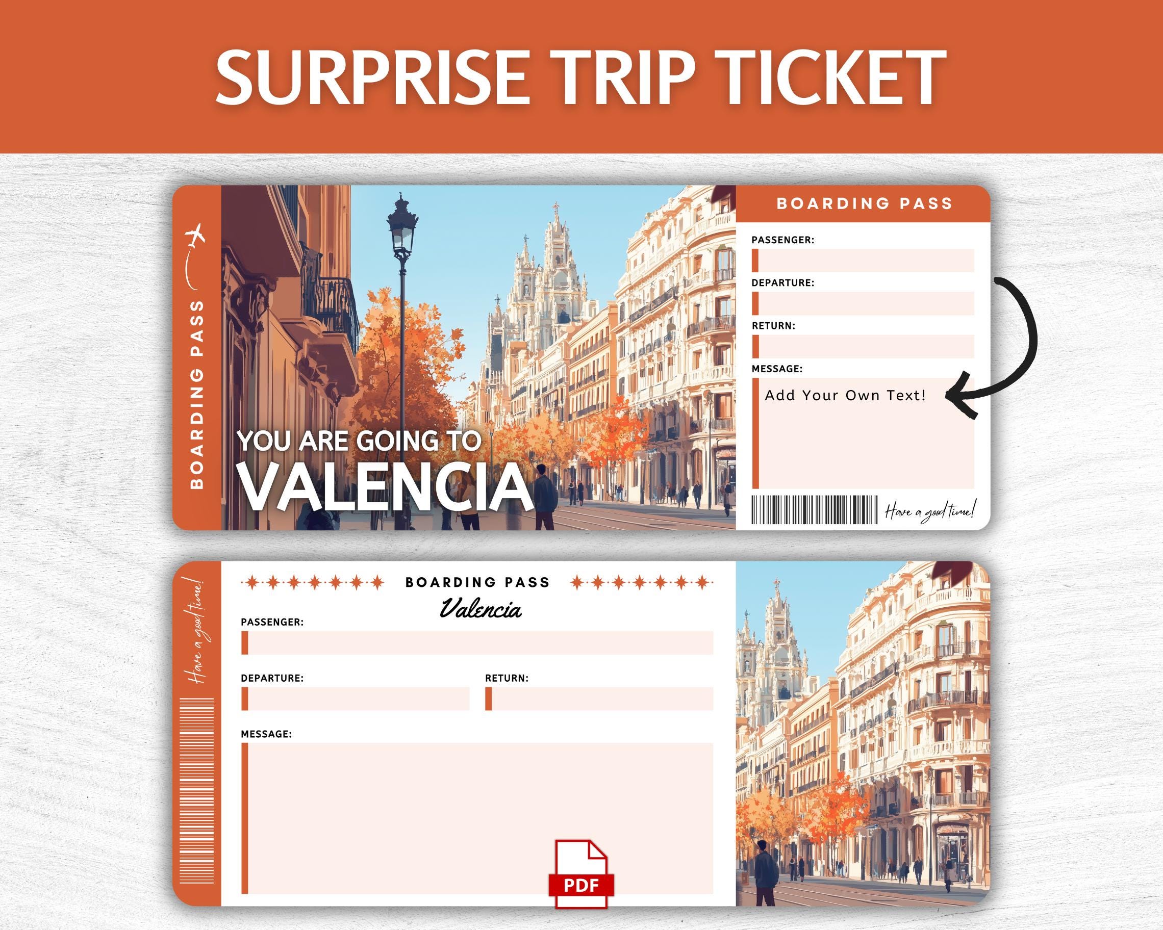 Printable Valencia Surprise Gift Ticket, Editable Spain Boarding Pass ...