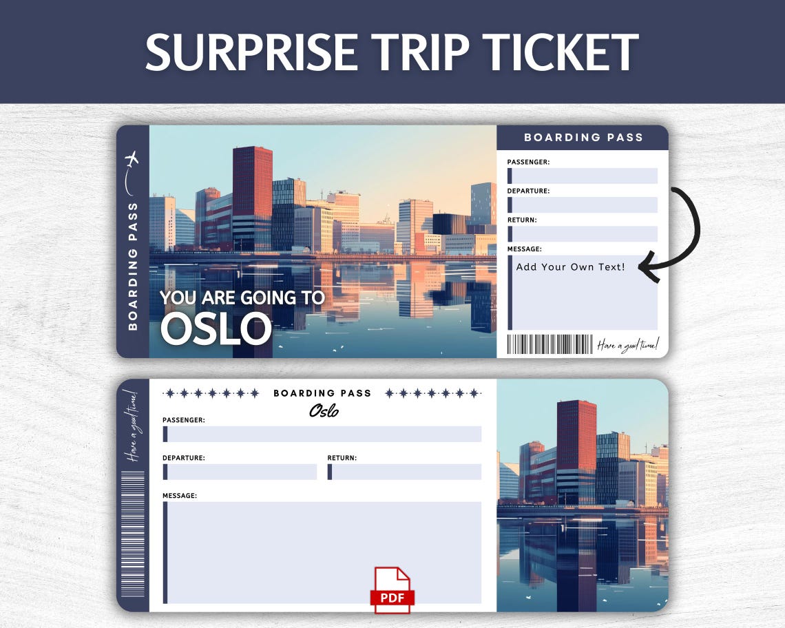 Printable Oslo Surprise Gift Ticket, Editable Norway Vacation Boarding ...