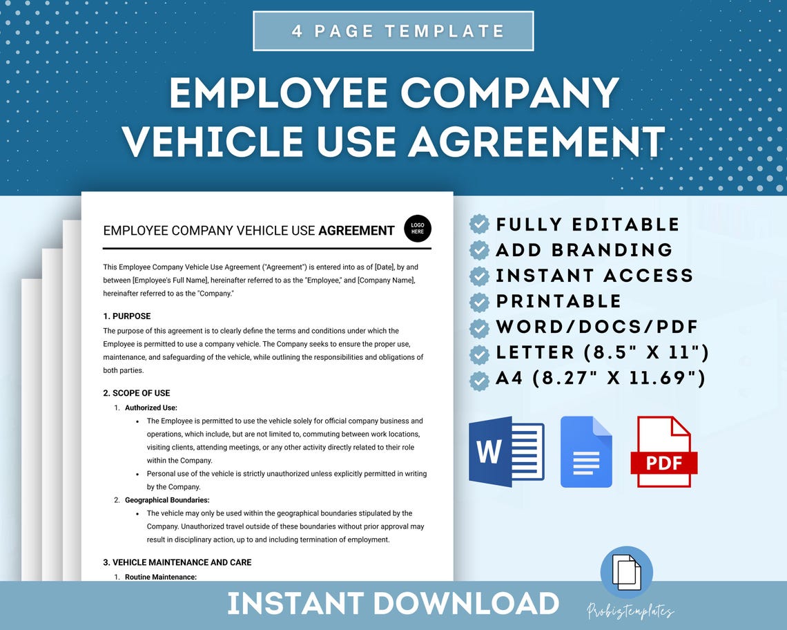 Employee Company Vehicle Use Agreement Template, Company Car Use Policy ...