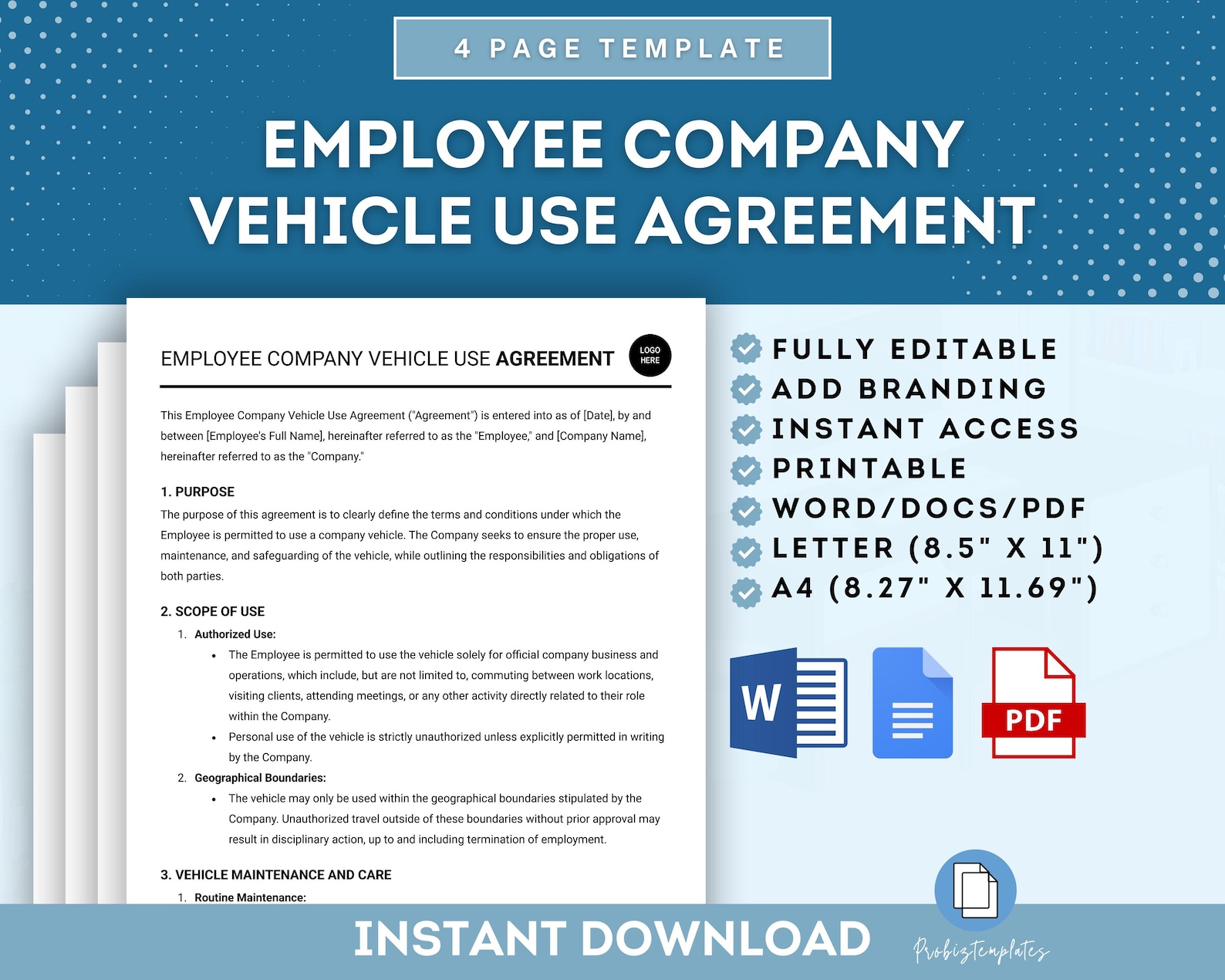 Employee Company Vehicle Use Agreement Template, Company Car Use Policy ...