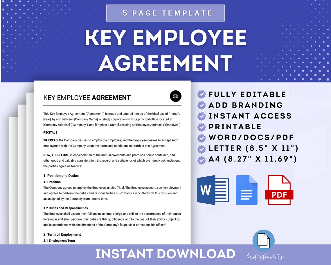 Key Employee Agreement Template, Key Staff Employment Contract, Key ...