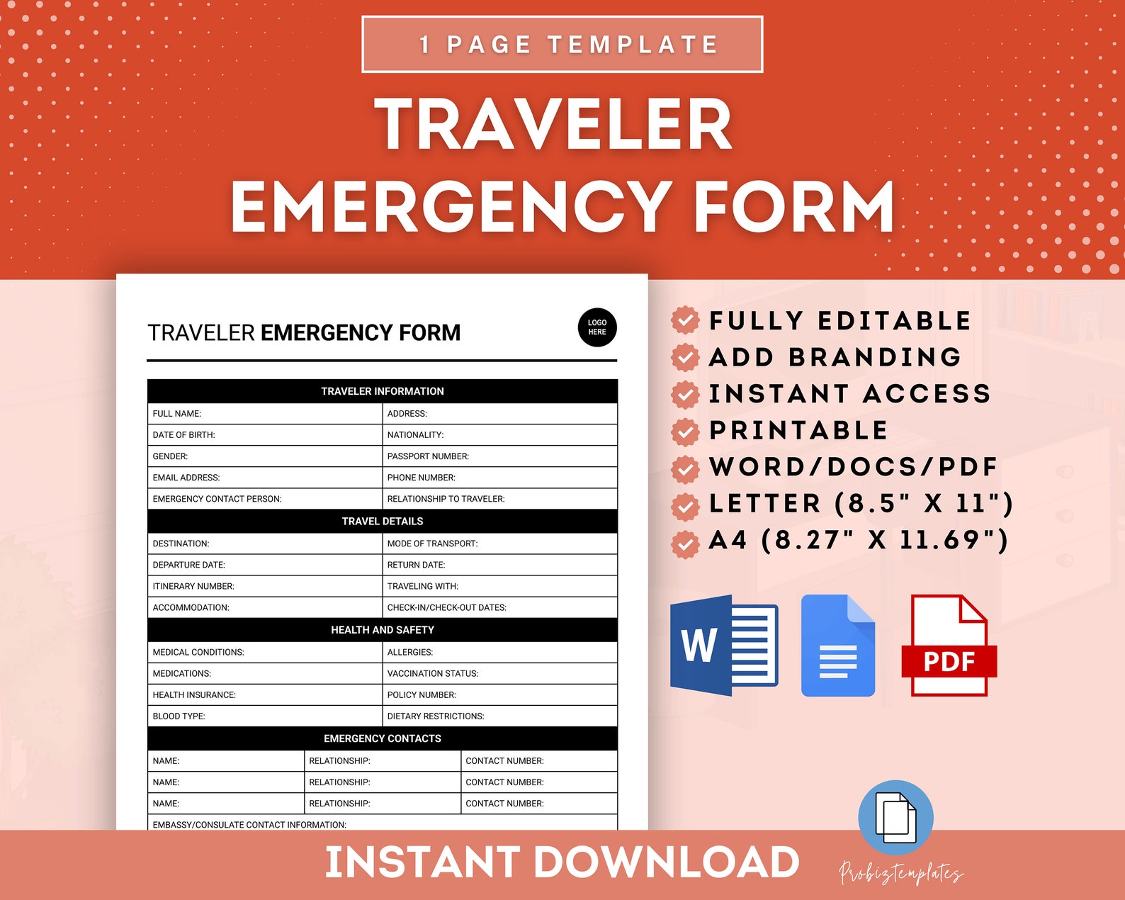 Traveler Emergency Form, Trip Emergency Information Sheet, Travel ...