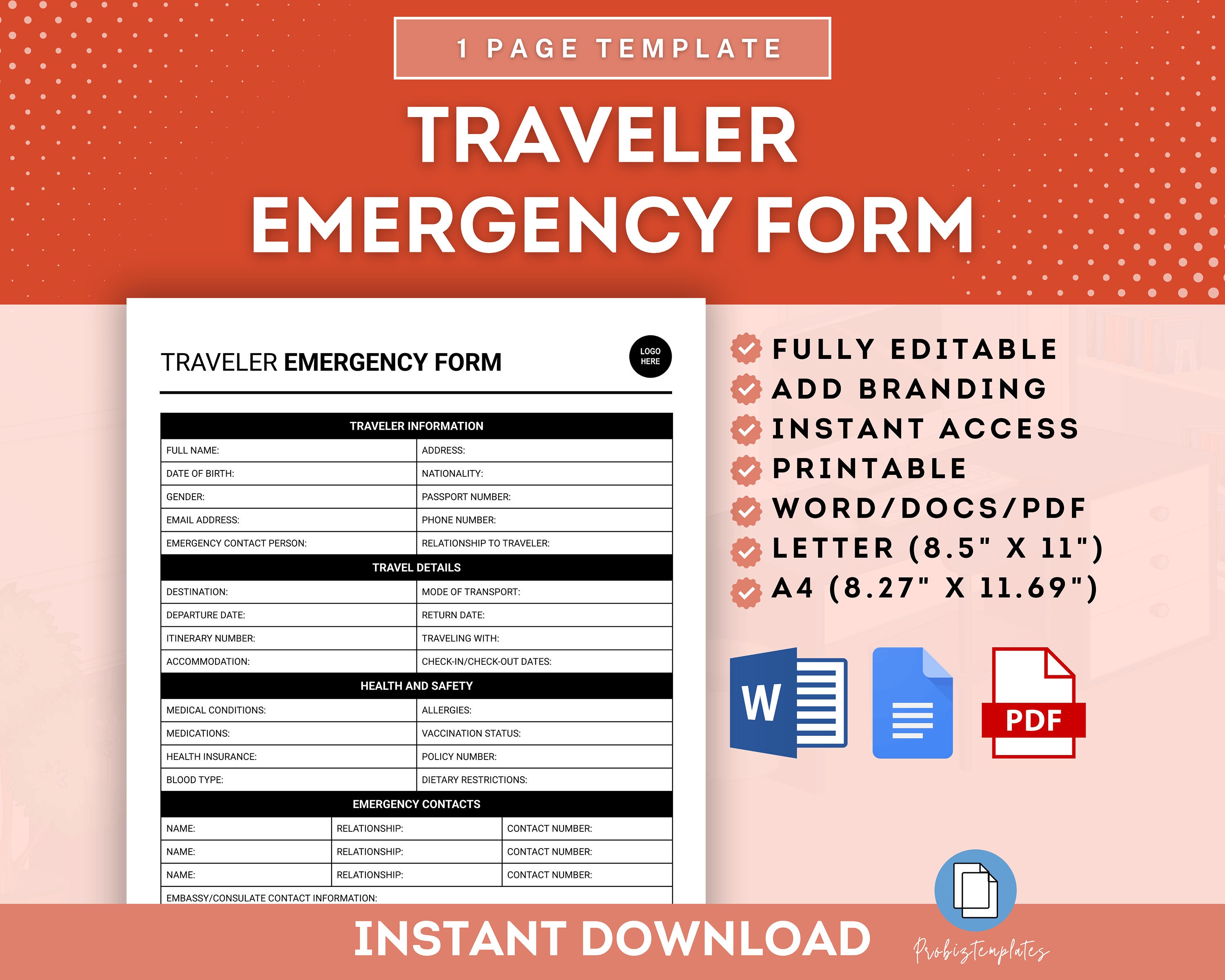 Traveler Emergency Form, Trip Emergency Information Sheet, Travel ...