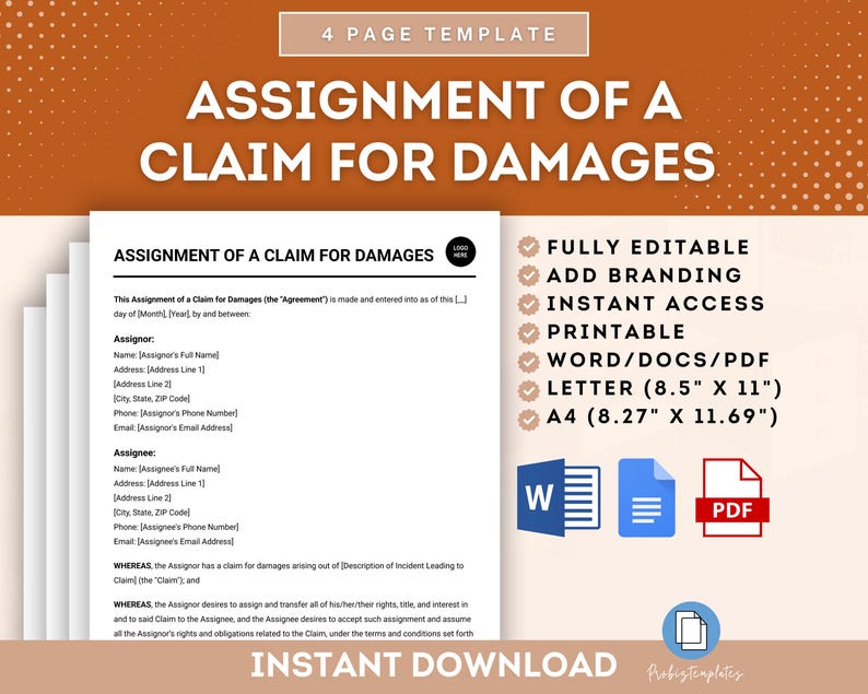 Assignment of a Claim for Damages Template, Damages Claim Assignment, Claim for Damages Transfer ...