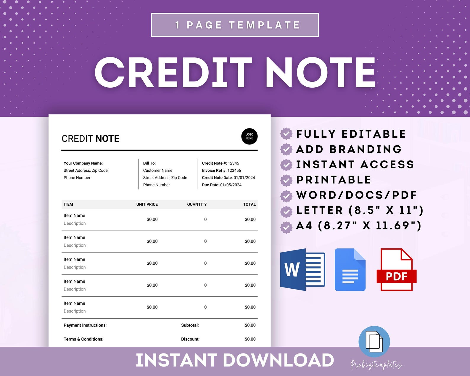 Credit Note Template, Credit Memo Template, Credit Adjustment Note ...