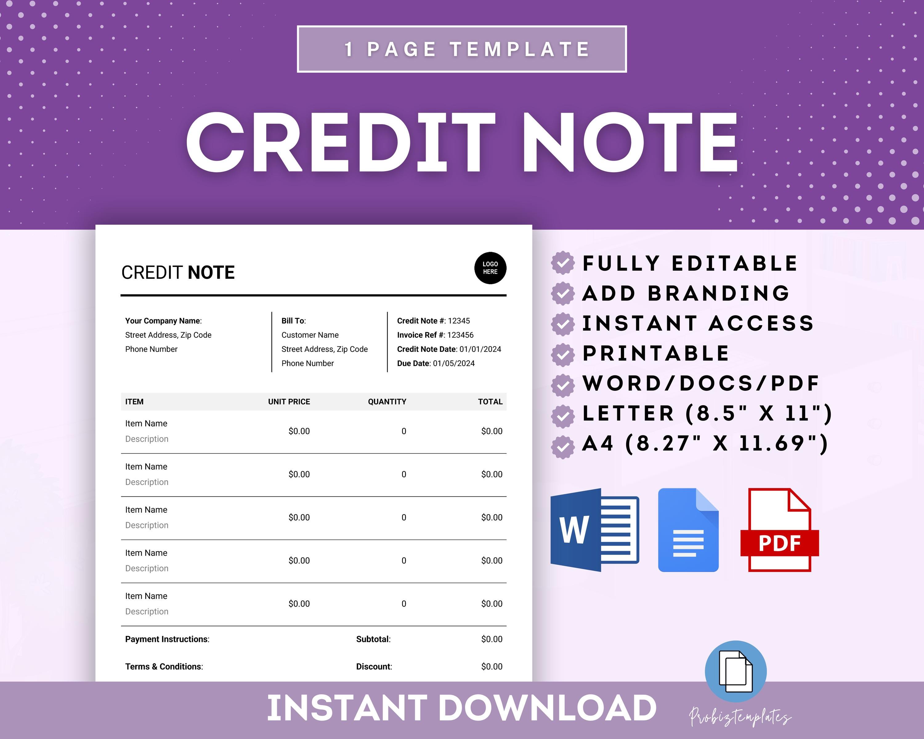 Credit Note Template, Credit Memo Template, Credit Adjustment Note ...