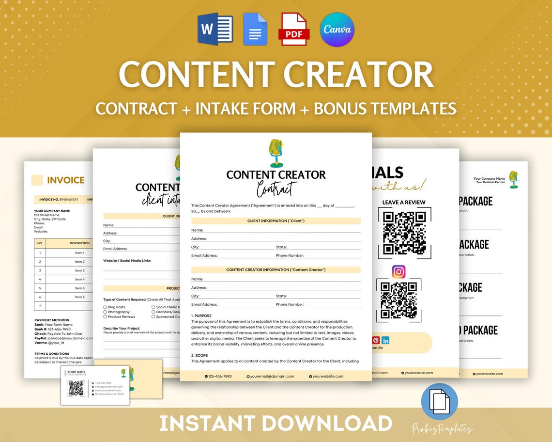 Content Creator Contract Bundle, Influencer Agreement Template, Social ...