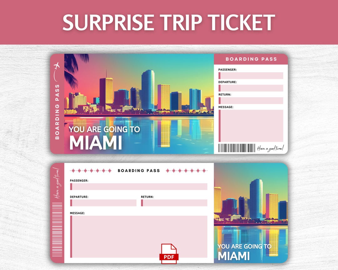 Printable Miami Surprise Gift Ticket, Editable Florida Vacation ...