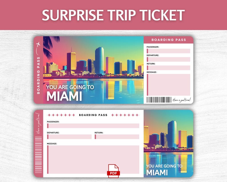 Printable Miami Surprise Gift Ticket, Editable Florida Vacation ...