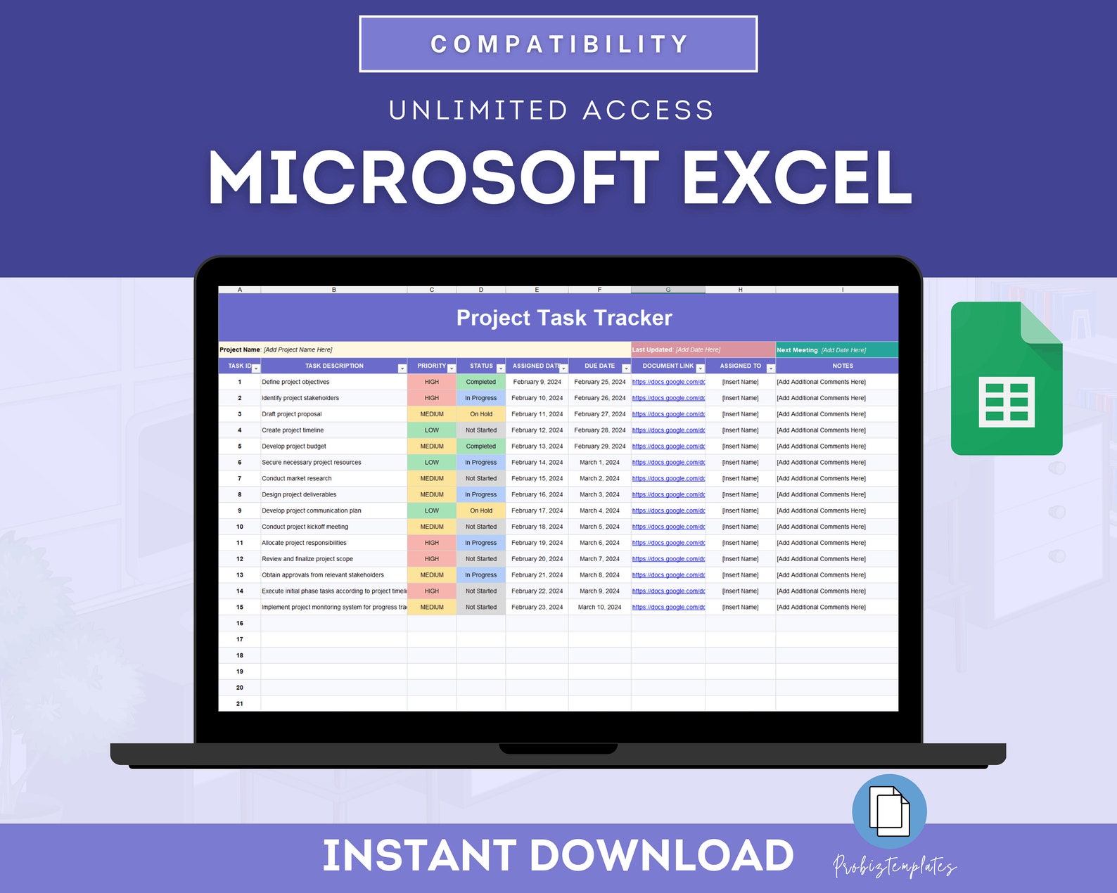 Project Task Tracker Spreadsheet, Project Management Tool, Project ...