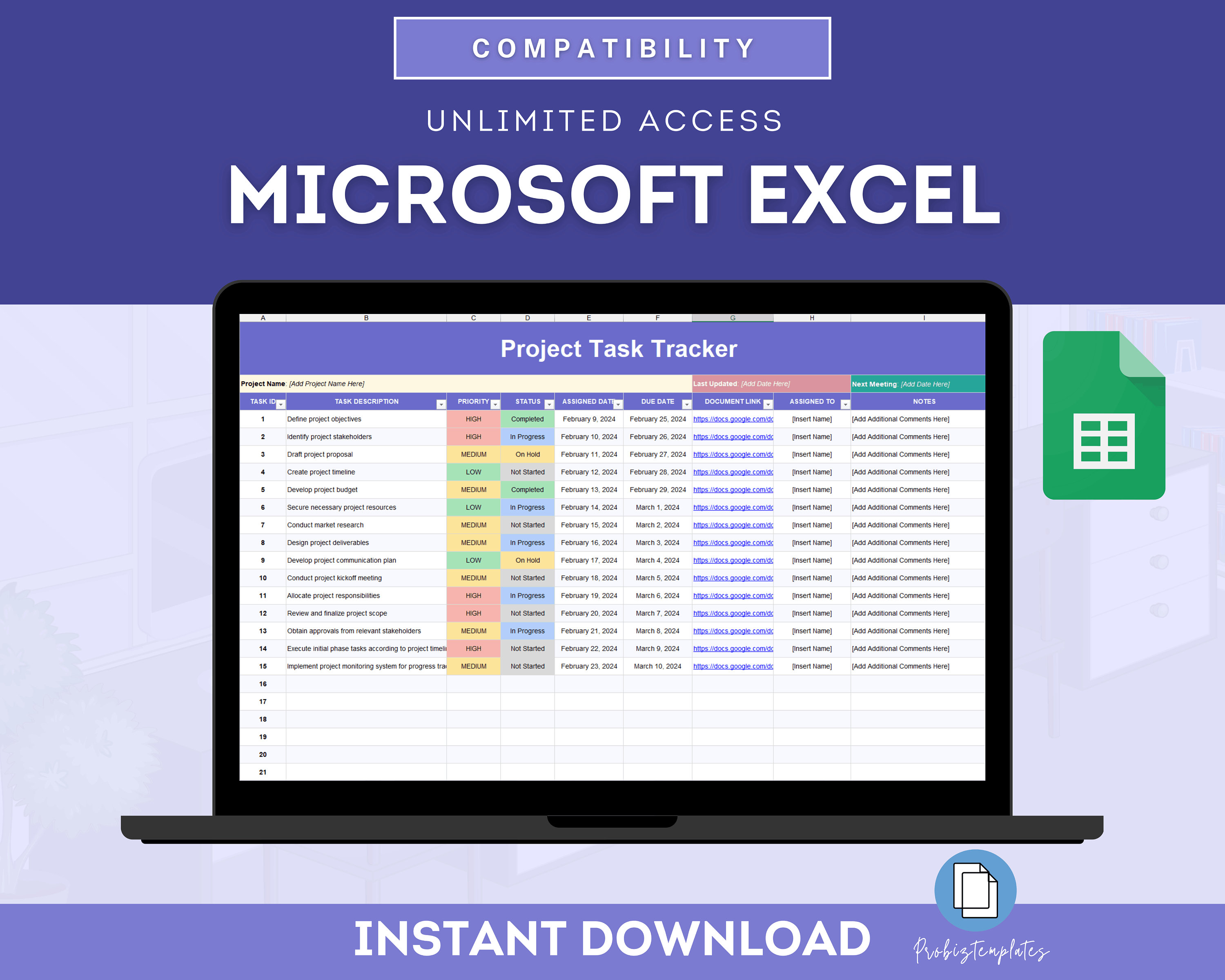 Project Task Tracker Spreadsheet, Project Management Tool, Project ...