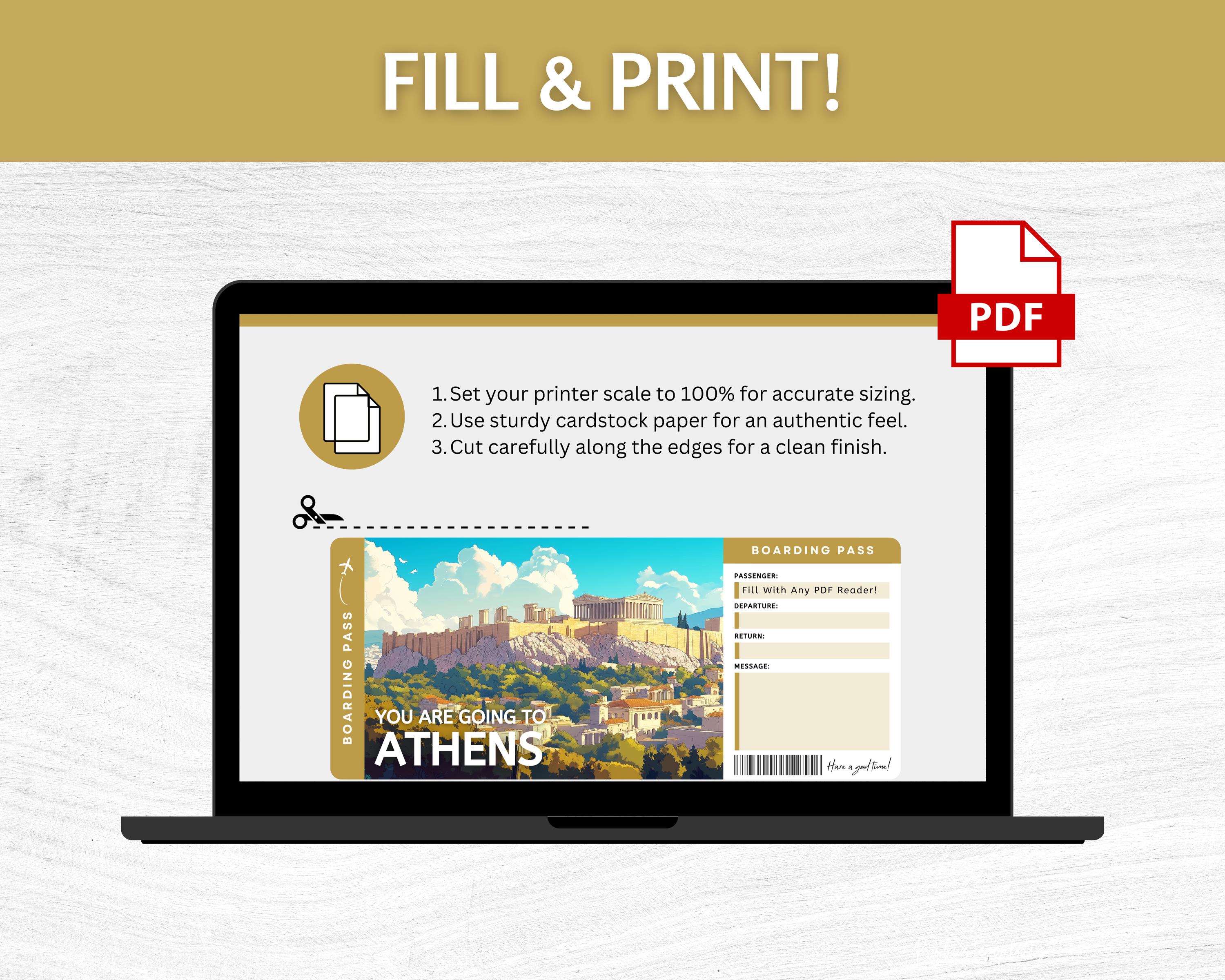 Printable Athens Surprise Gift Ticket, Editable Greece Vacation ...