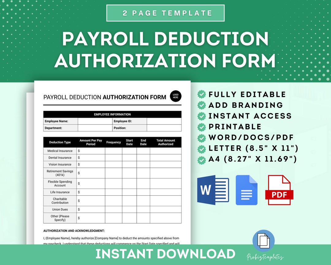Payroll Deduction Authorization Form, Employee Payroll Deduction Form ...
