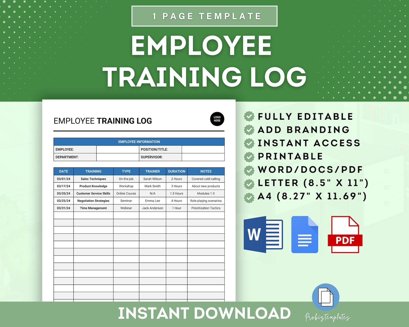 Simple Employee Training Log Template, Staff Development Tracker ...