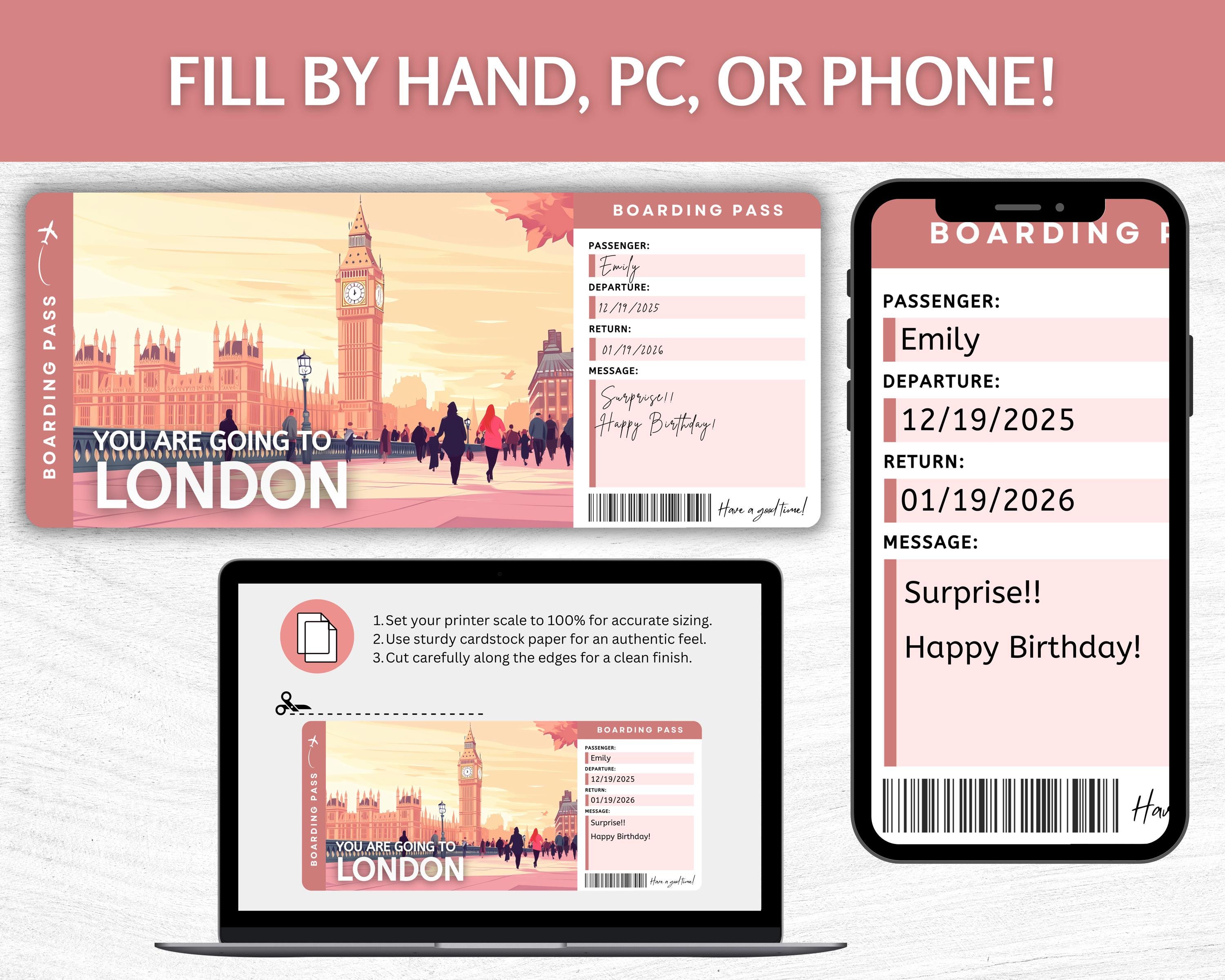 Printable London Surprise Gift Ticket, Editable England Boarding Pass ...