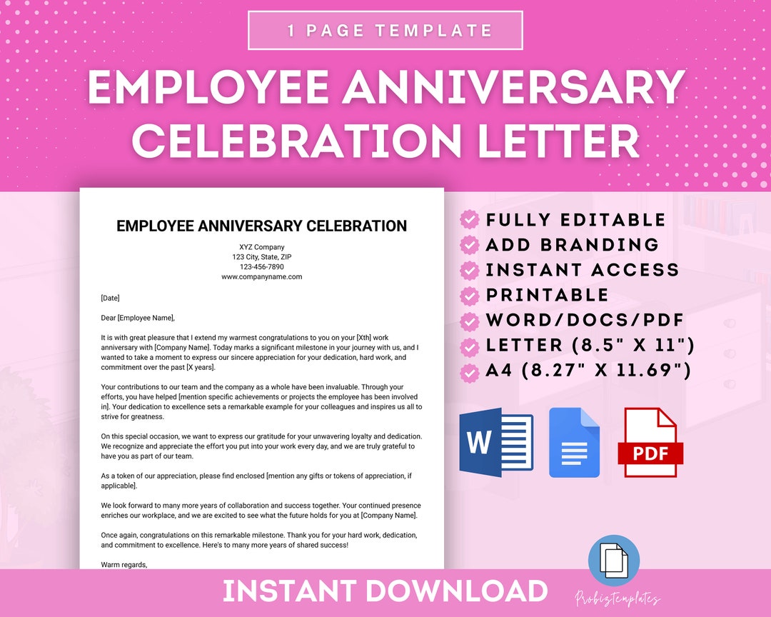 Employee Anniversary Celebration Letter Template, Employee Milestone ...
