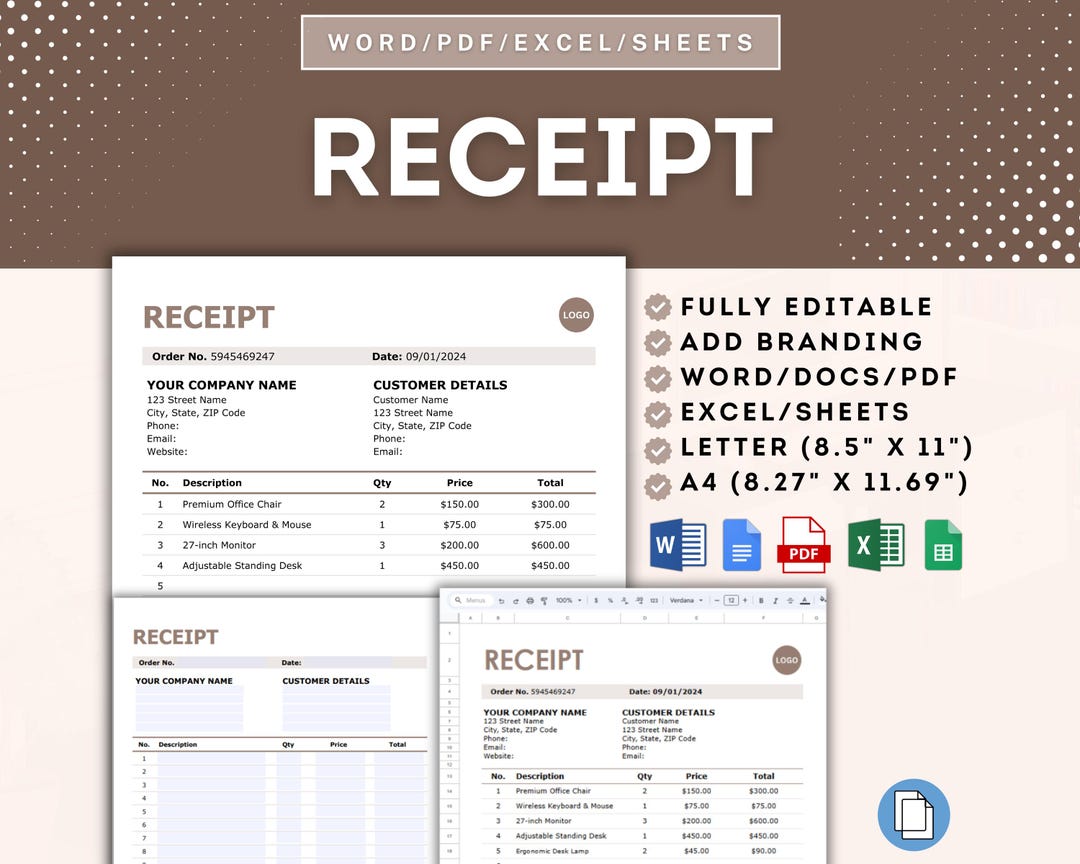 Receipt Template, Customizable Payment Receipt Form, Professional ...