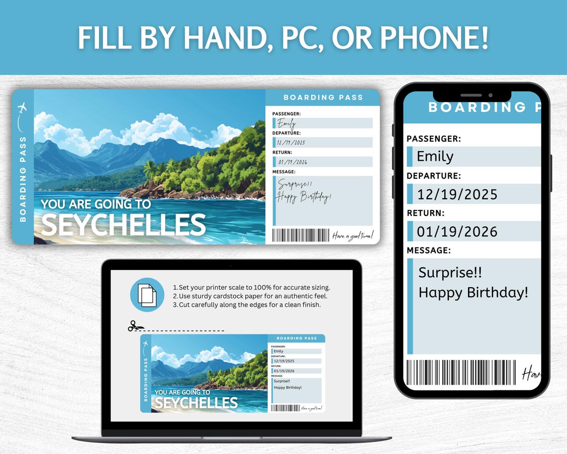 Printable Seychelles Surprise Gift Ticket, Editable Island Vacation ...