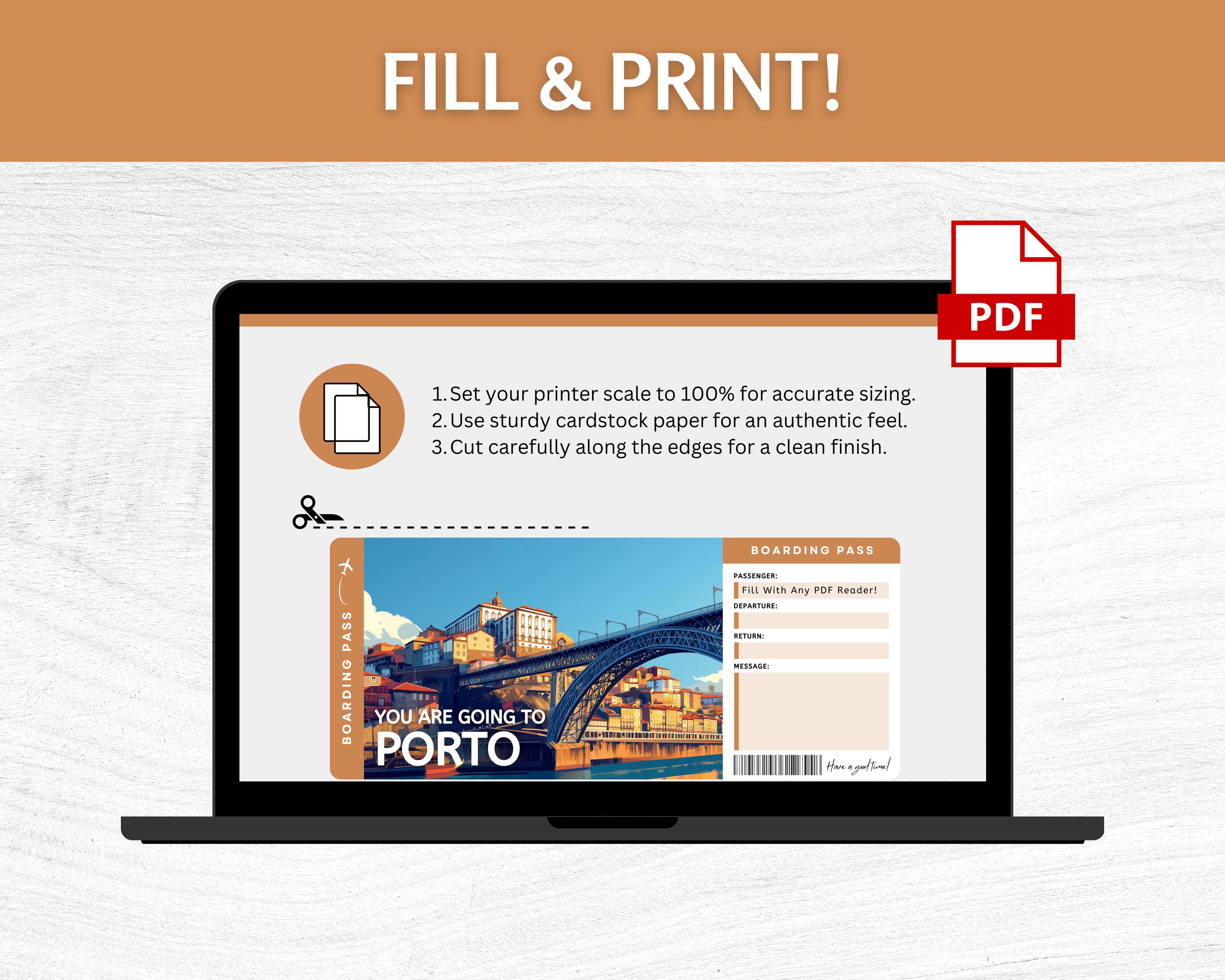 Printable Porto Surprise Gift Ticket, Editable Portugal Vacation ...