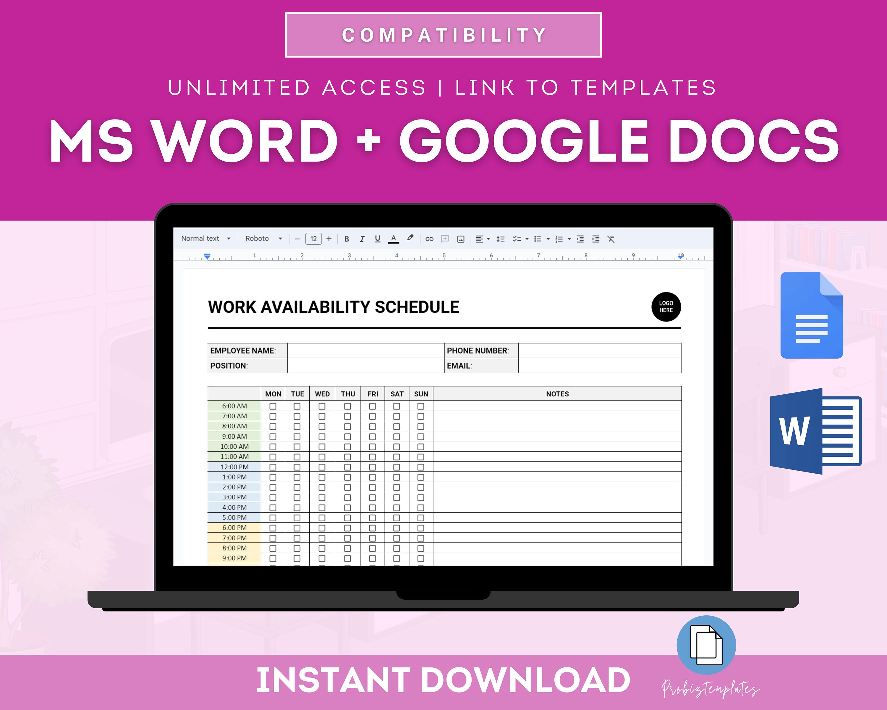 Work Availability Schedule Sheet, Work Availability Tracker, Shift ...