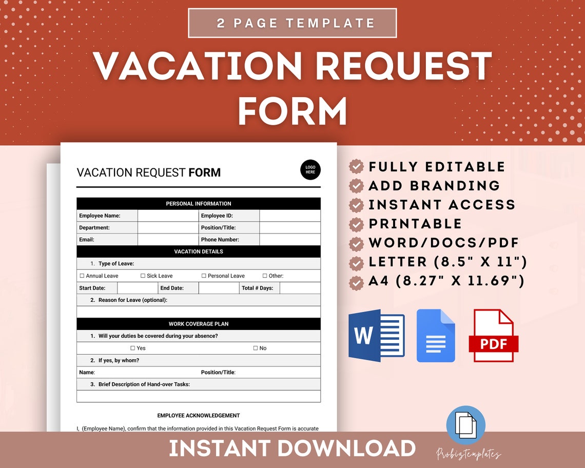 Vacation Request Form Template, Employee Vacation Request Form, Time ...