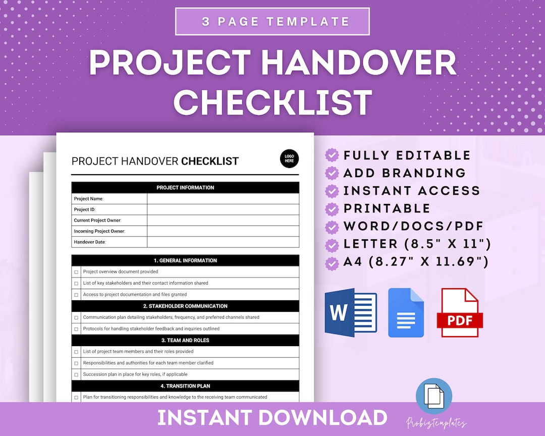 Project Handover Checklist, Project Transfer Checklist, Project Transition Checklist, Transfer ...