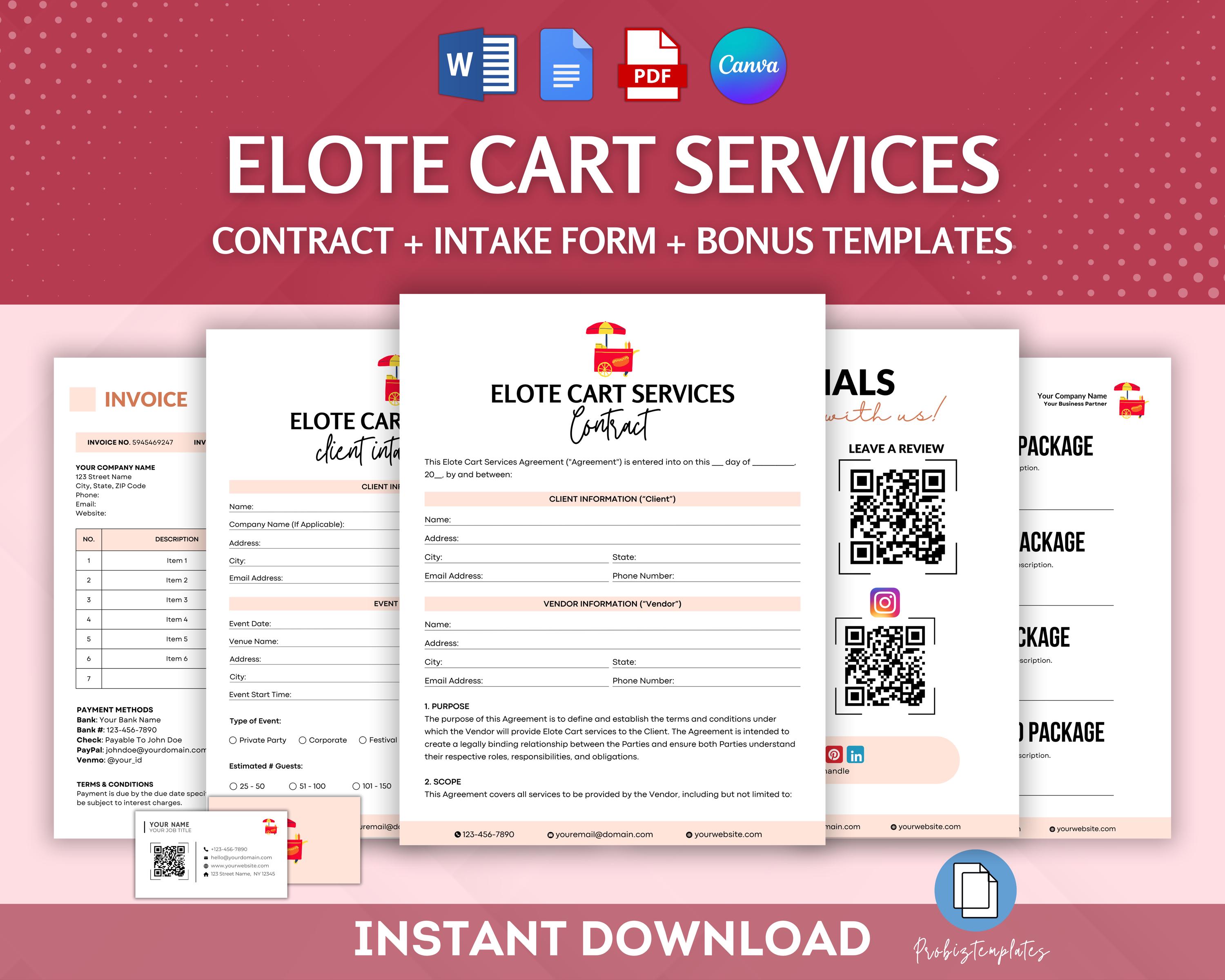 Elote Cart Contract Bundle, Vendor Agreement Template, Street Food ...
