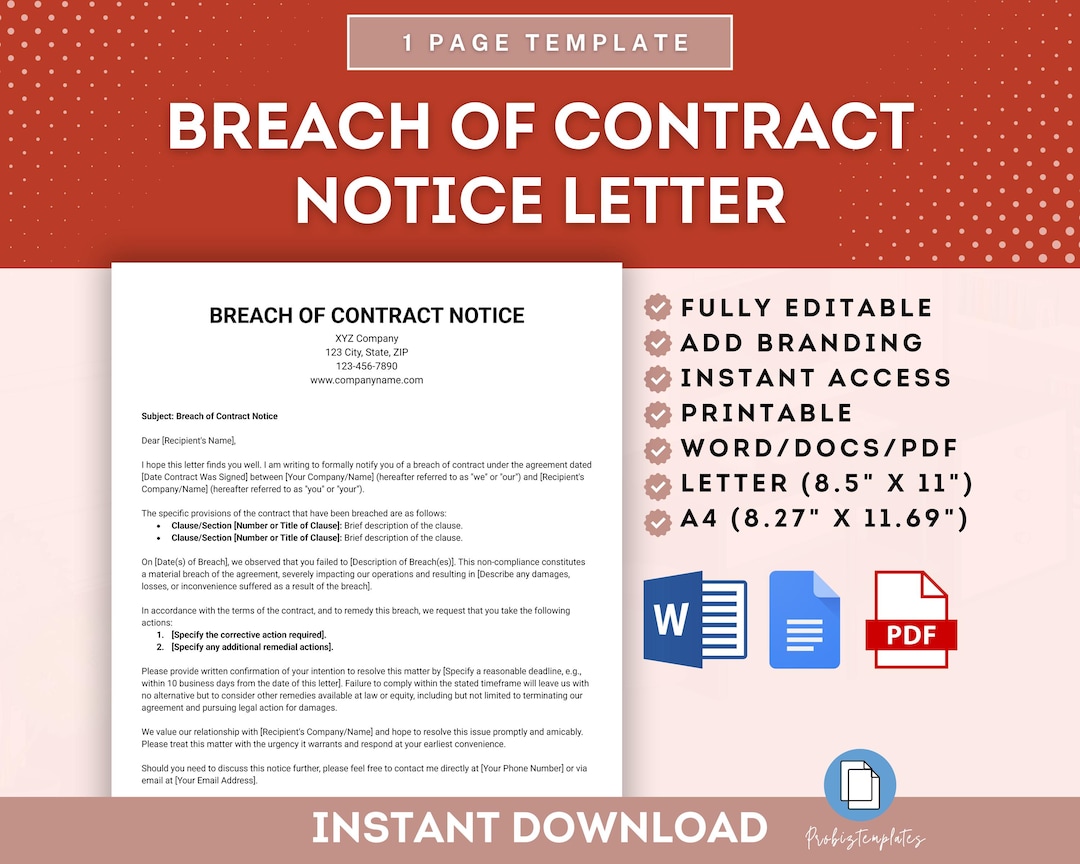 Breach of Contract Notice Letter Template, Contract Breach Notification ...