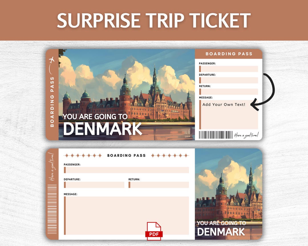 Printable Denmark Surprise Gift Ticket, Editable Copenhagen Boarding ...